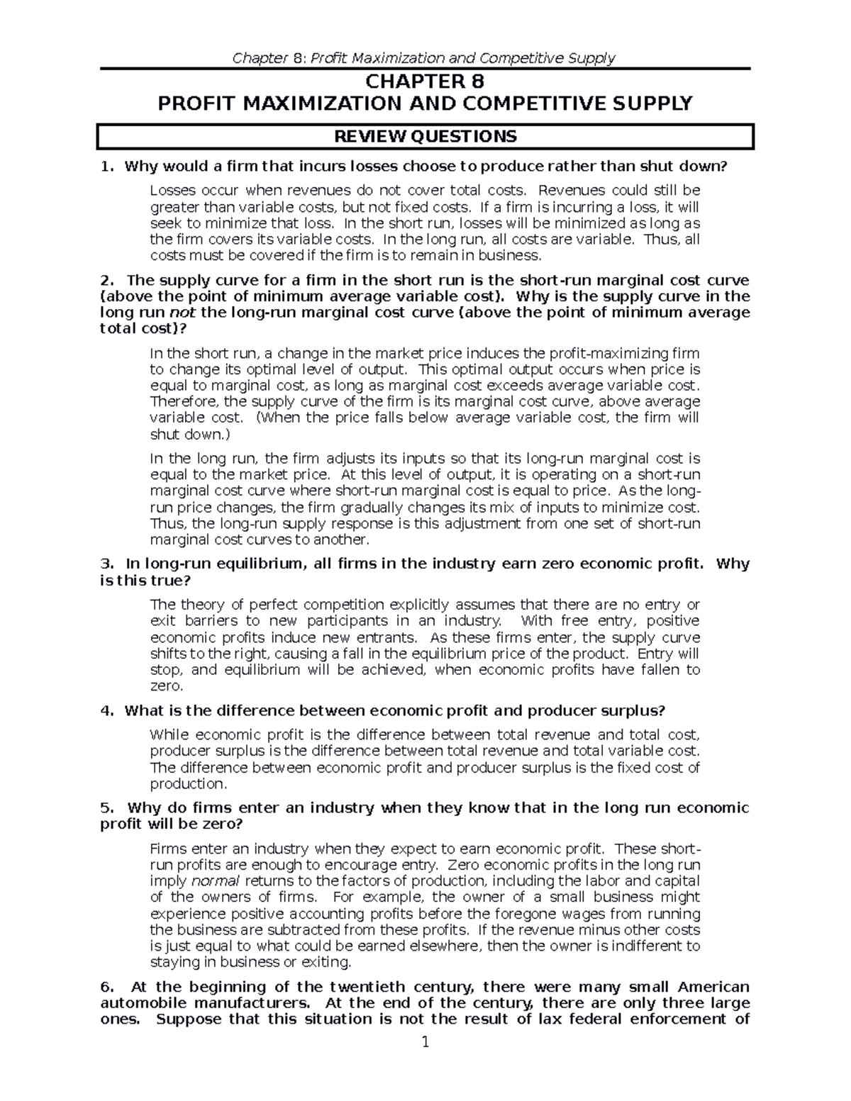 Pdyck 08 - Answer booklet - CHAPTER 8 PROFIT MAXIMIZATION AND COMPETITIVE SUPPLY REVIEW ...