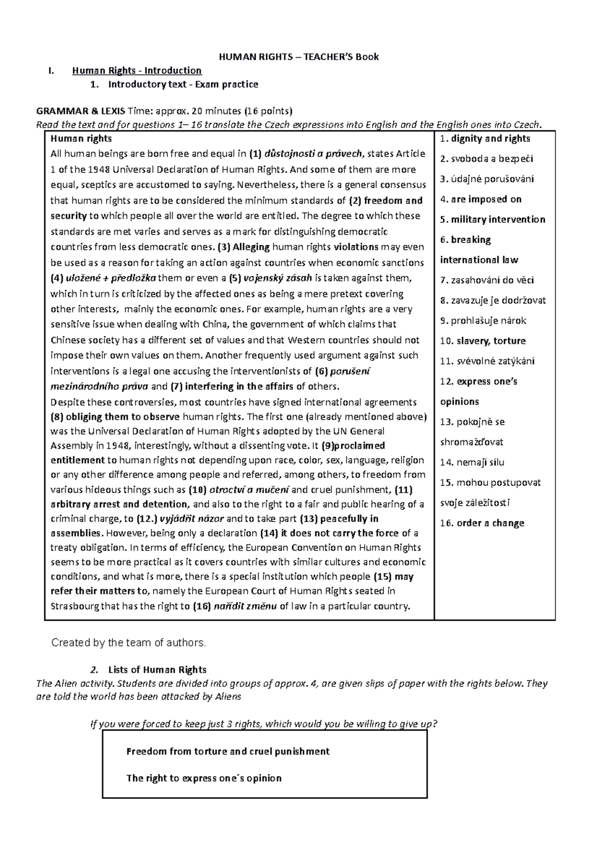 14 Human Rights Teachers - HUMAN RIGHTS – TEACHER’S Book I. Human ...