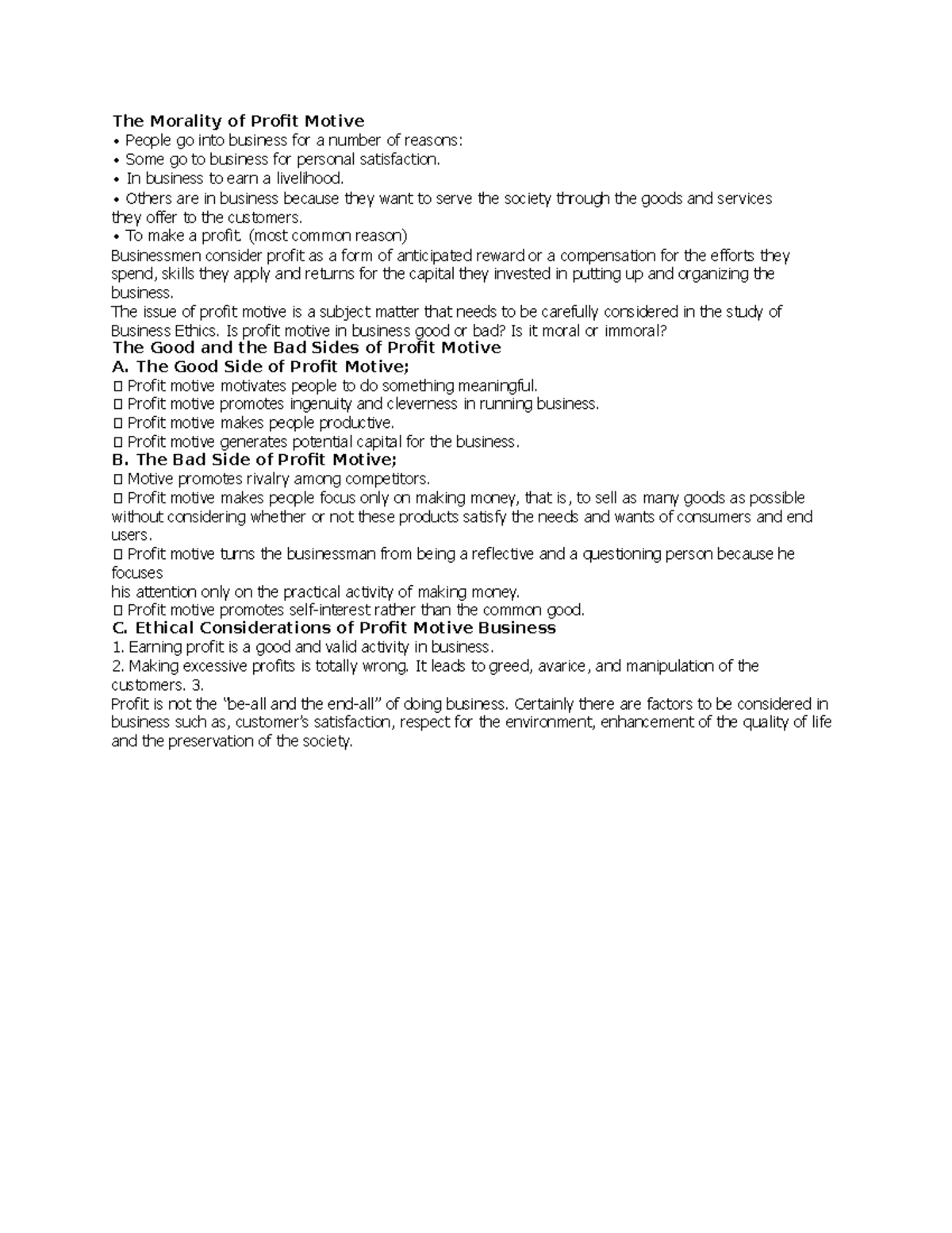 07 - notes - The Morality of Profit Motive ∙ People go into business ...