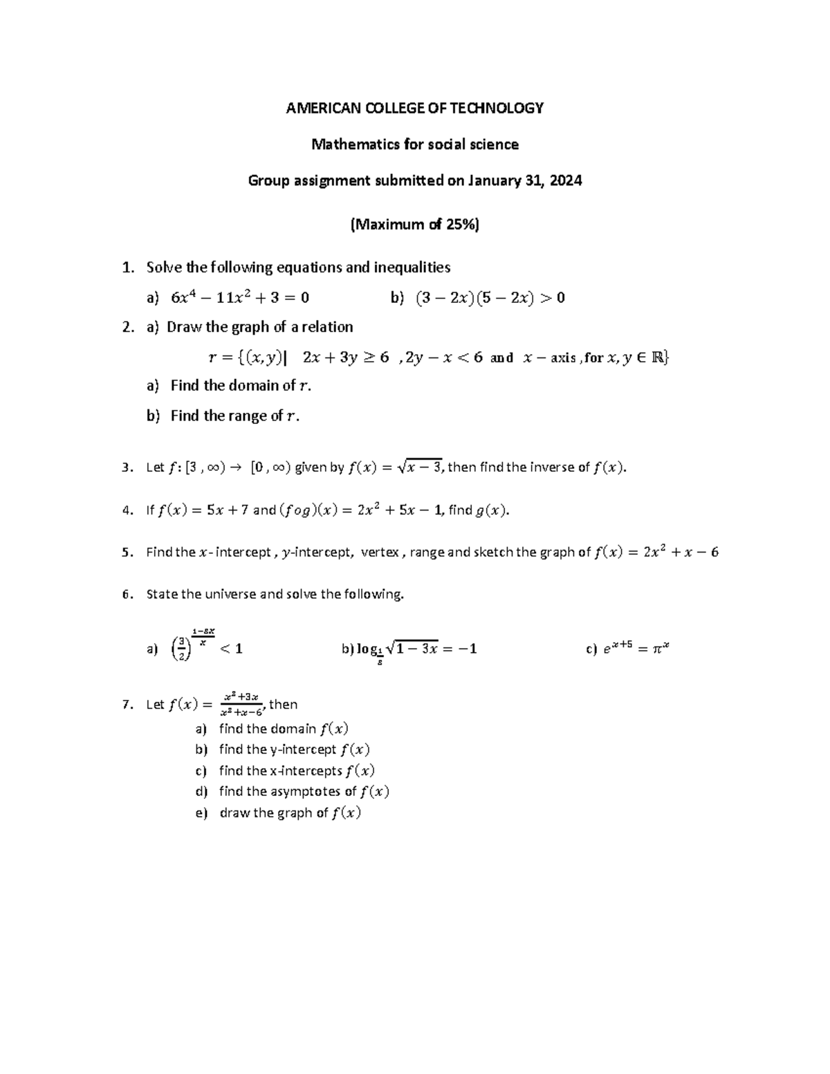 Group Assigmnment Maths for SS 2023-24 - AMERICAN COLLEGE OF TECHNOLOGY ...