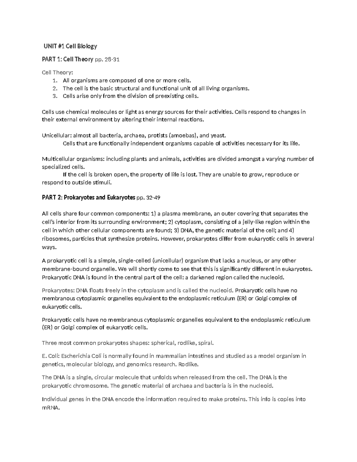 Unit 1 Notes Bio 204 - UNIT #1 Cell Biology PART 1: Cell Theory pp. 28 ...