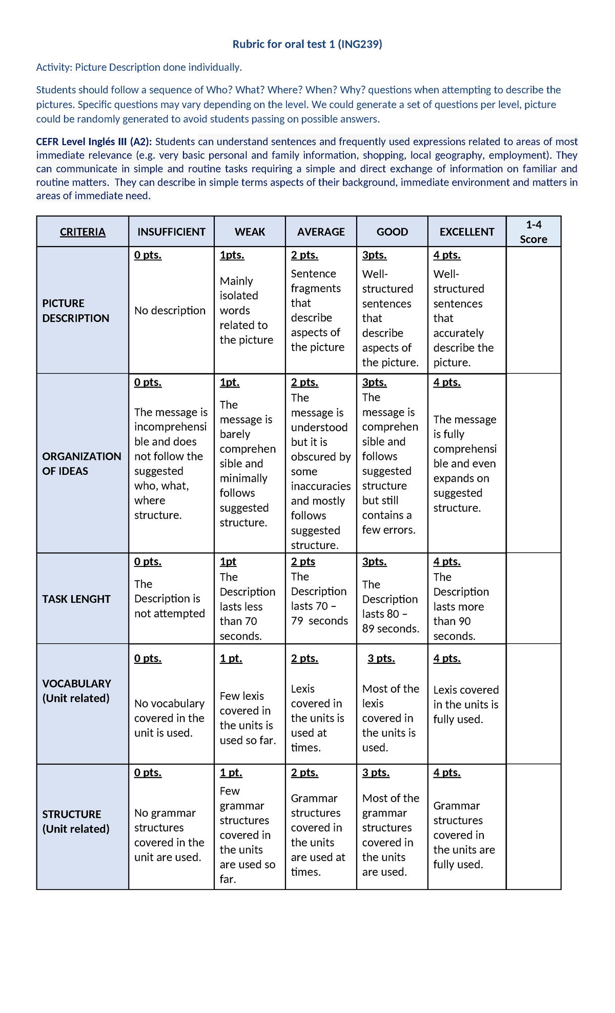 Oral Test 1 rubric ENG 239 - Rubric for oral test 1 (ING239) Activity ...