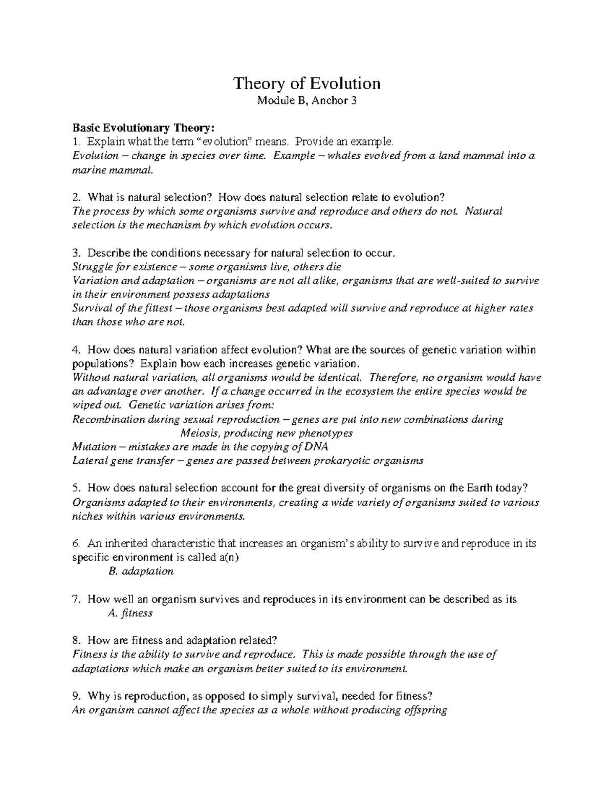 BIO Mod2 Theory of Evolution - Theory of Evolution Module B, Anchor 3 ...