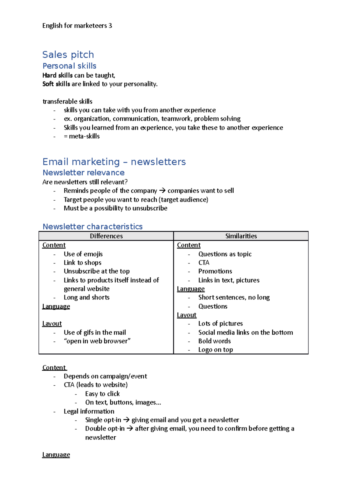 English Exam - Sales pitch Personal skills Hard skills can be taught, Soft skills are linked to ...