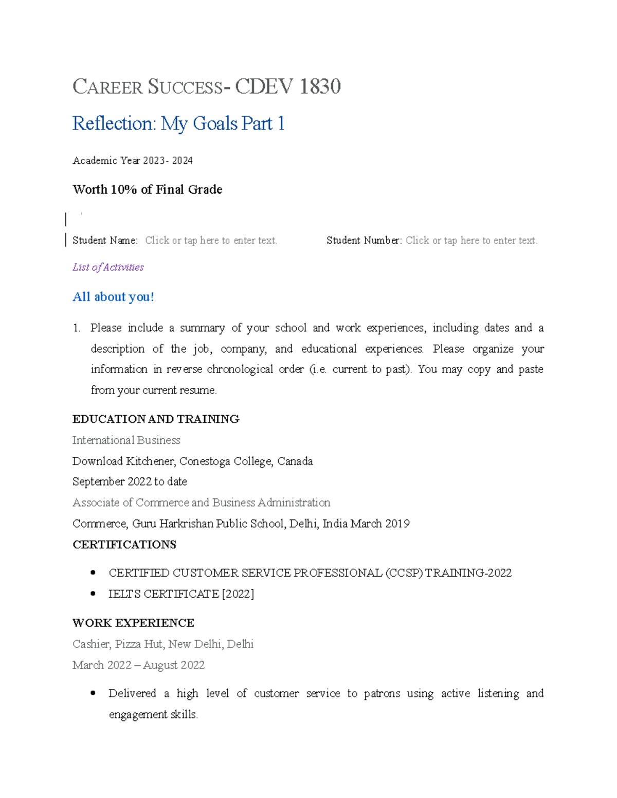 CDEV1830 Reflection My Goals Part 1 - Student Number: Click or tap here to enter text. List of ...