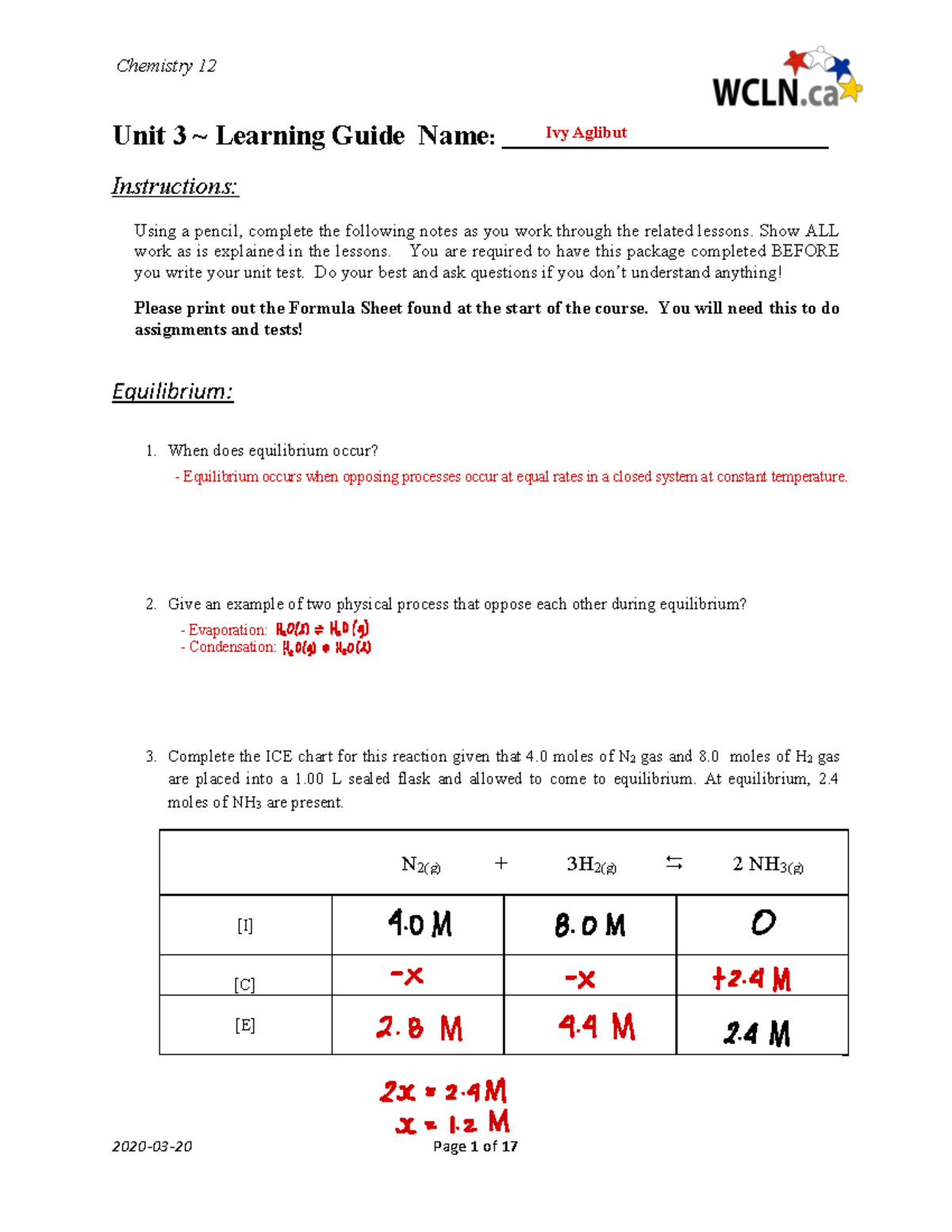 Chem 12 - LG 3 - i dont know - Unit 3 ~ Learning Guide Name