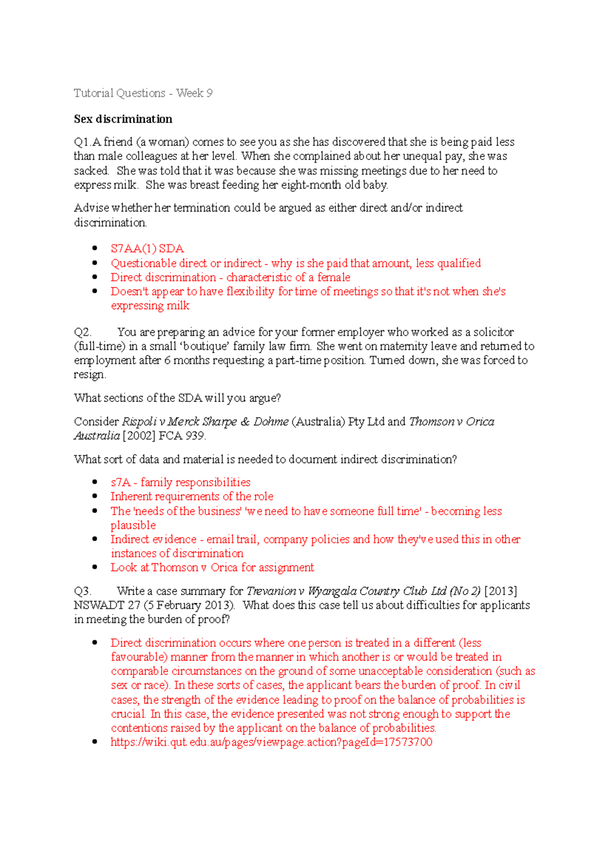 Tutorial Questions week 9 - Tutorial Questions - Week 9 Sex discrimination Q1 friend (a woman ...