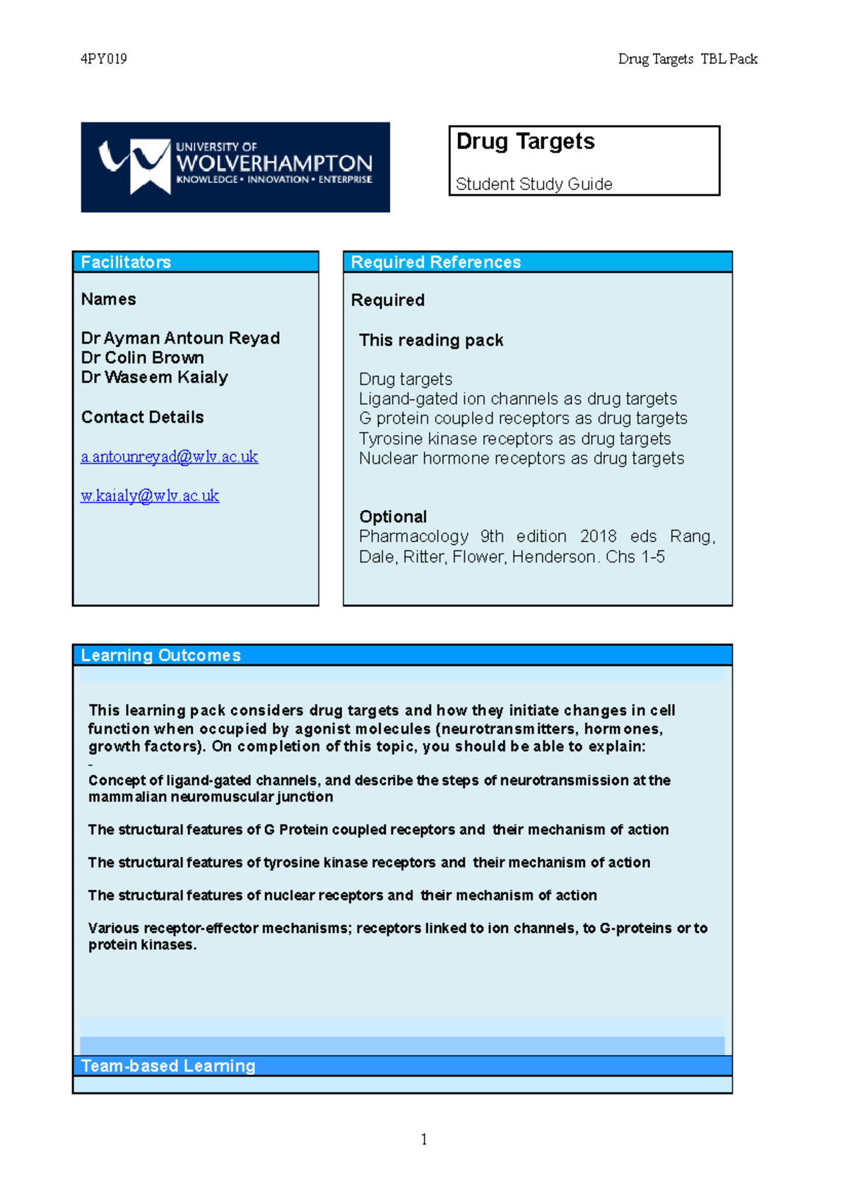 4PY019 Drug Targets study pack 2023 - Facilitators Required References ...