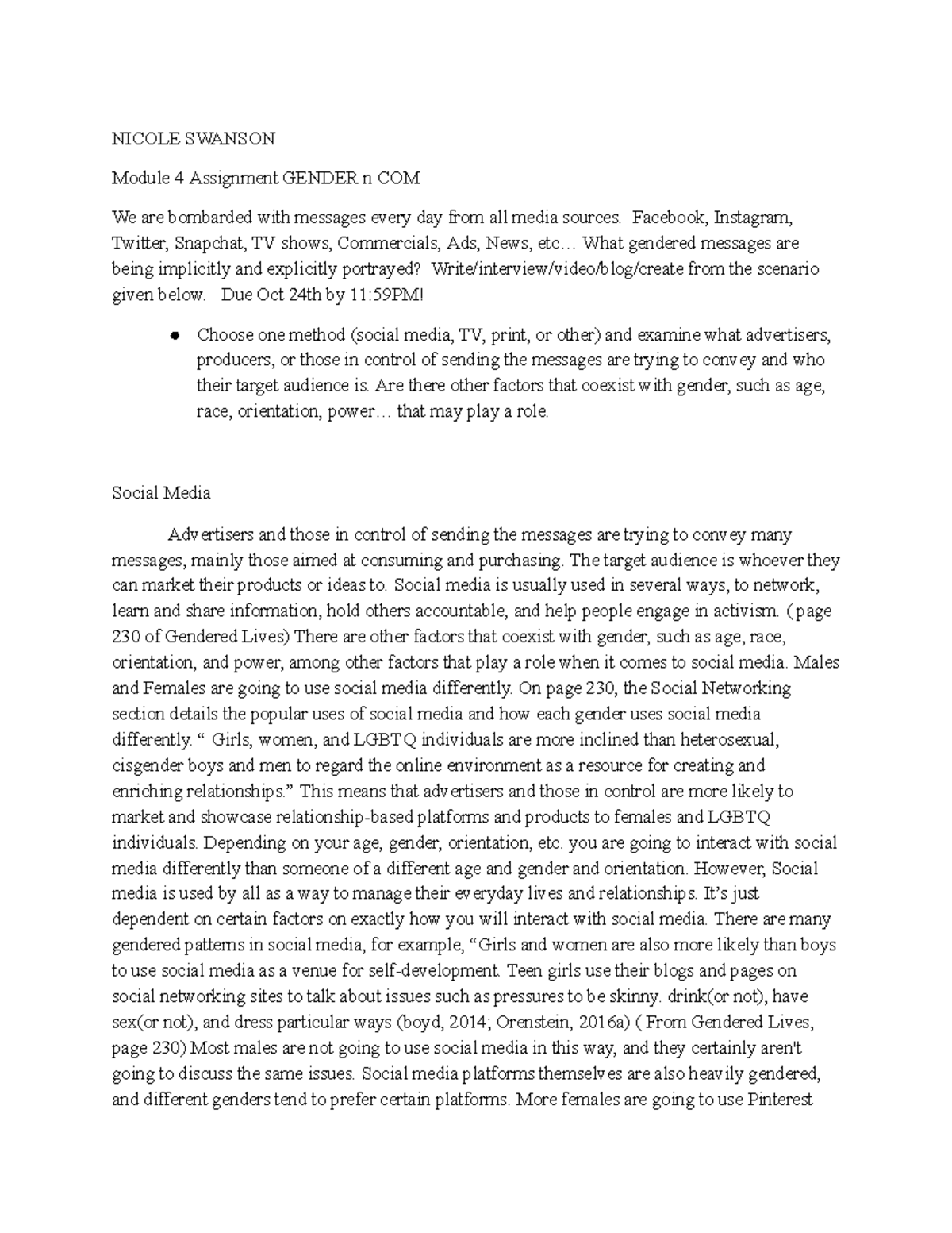 Module 4 assignment AND Discussion gender and com - NICOLE SWANSON Module 4 Assignment GENDER n ...