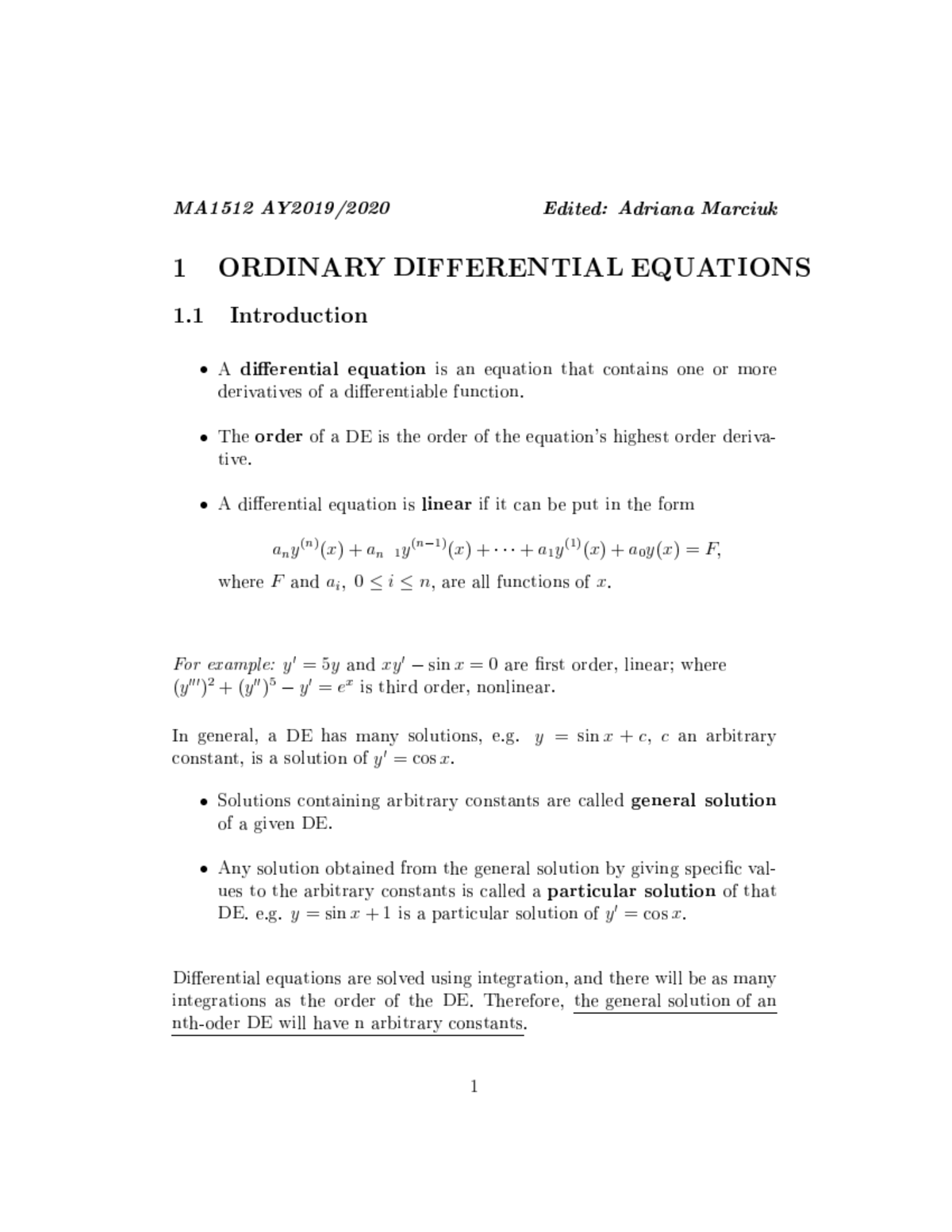 MA1512 Chapters 1-5 - Summary Differential Equations for Engineering - MA1512 - Studocu