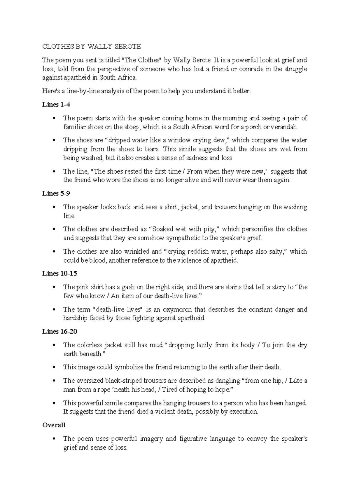 Clothes BY Wally Serote - CLOTHES BY WALLY SEROTE The poem you sent is ...