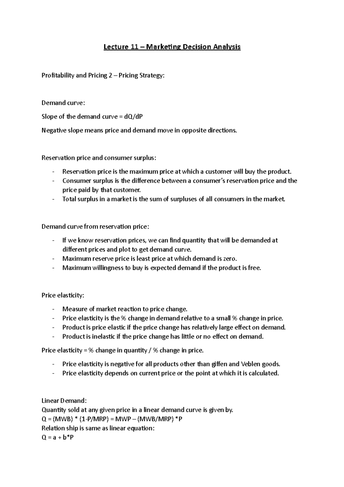 Lecture 11 - Marketing decision analysis - Lecture 11 – Marketing Decision Analysis ...