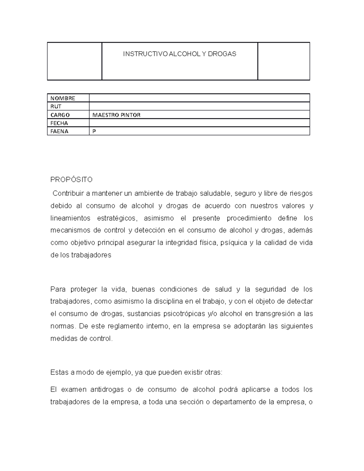 Alcohol Y Drogas - INSTRUCTIVO ALCOHOL Y DROGAS NOMBRE RUT CARGO ...