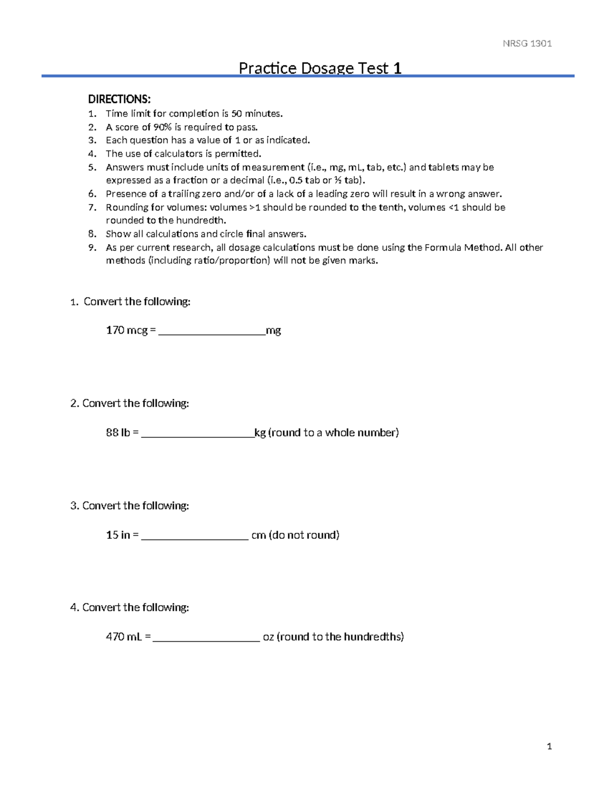 Practice Dosage Test 1 '23 - Practice Dosage Test 1 DIRECTIONS: 1. Time ...