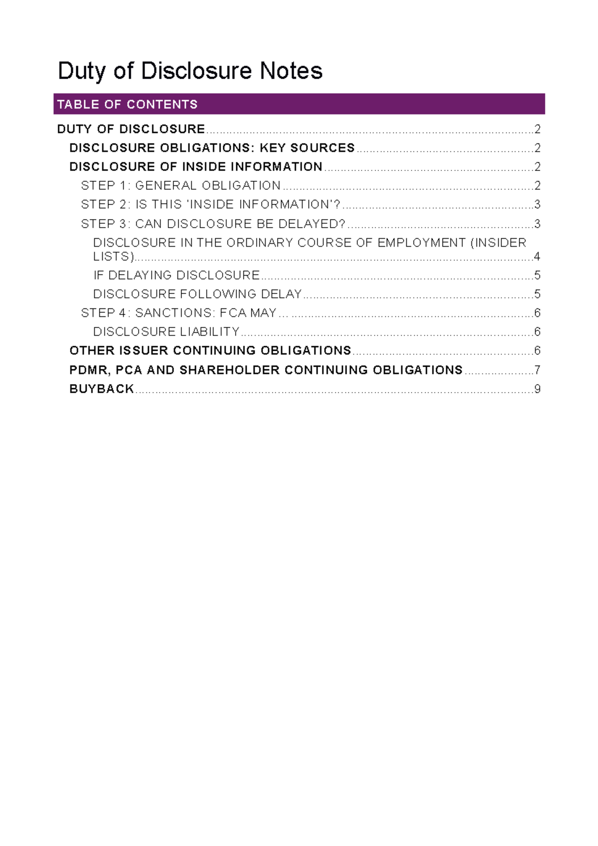 EF Duty of Disclosure Notes - Duty of Disclosure Notes DUTY OF ...
