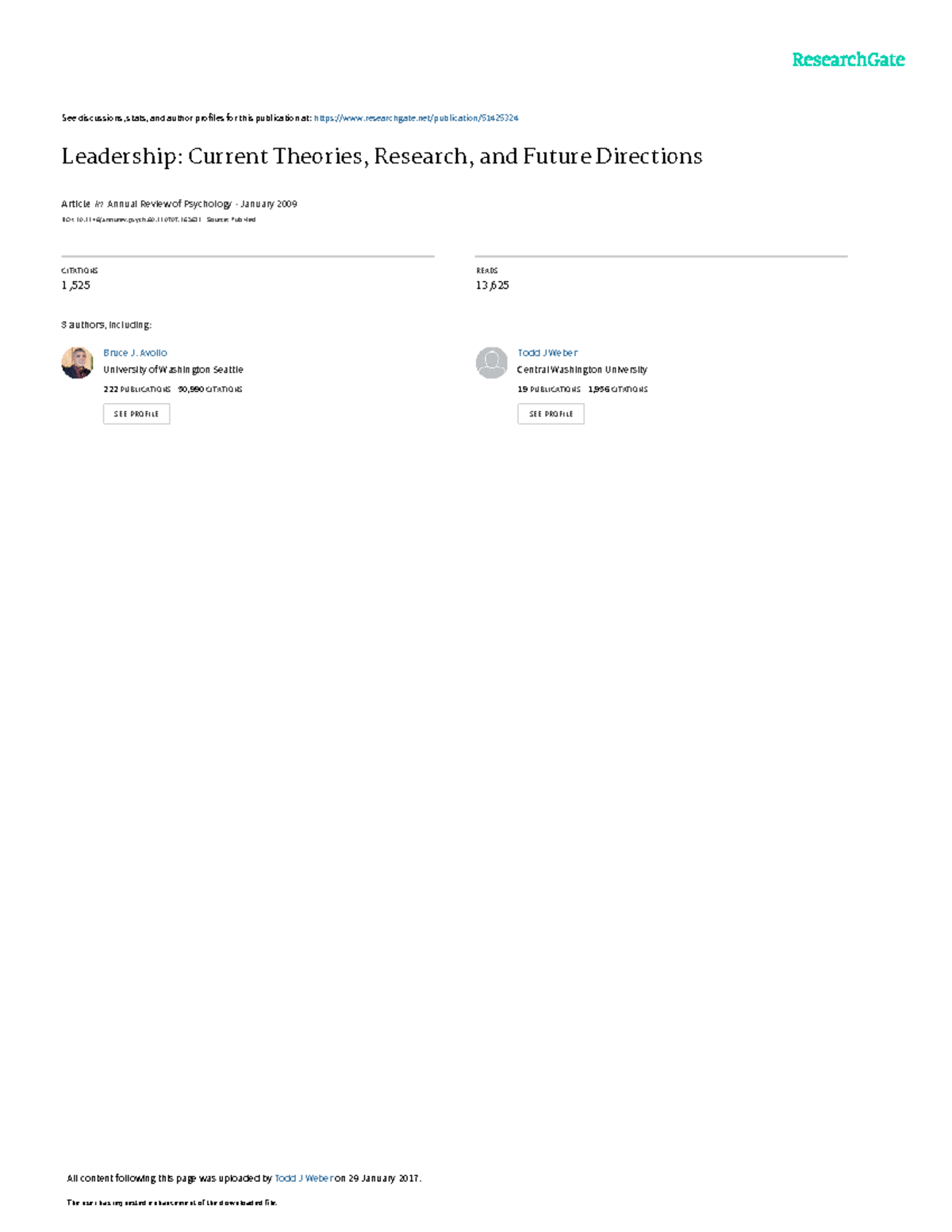 Mandatory Reading 8 - Leadership Current Theories Research and Future ...