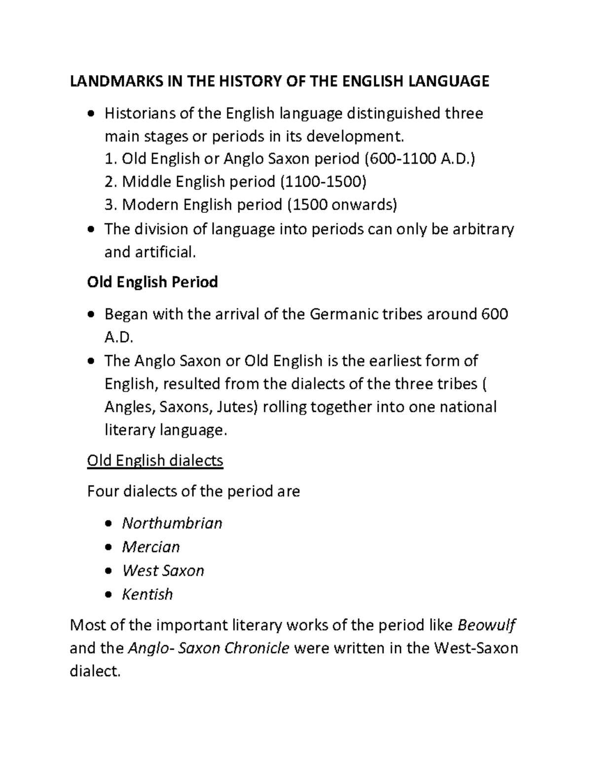 Old English - Notes - LANDMARKS IN THE HISTORY OF THE ENGLISH LANGUAGE ...