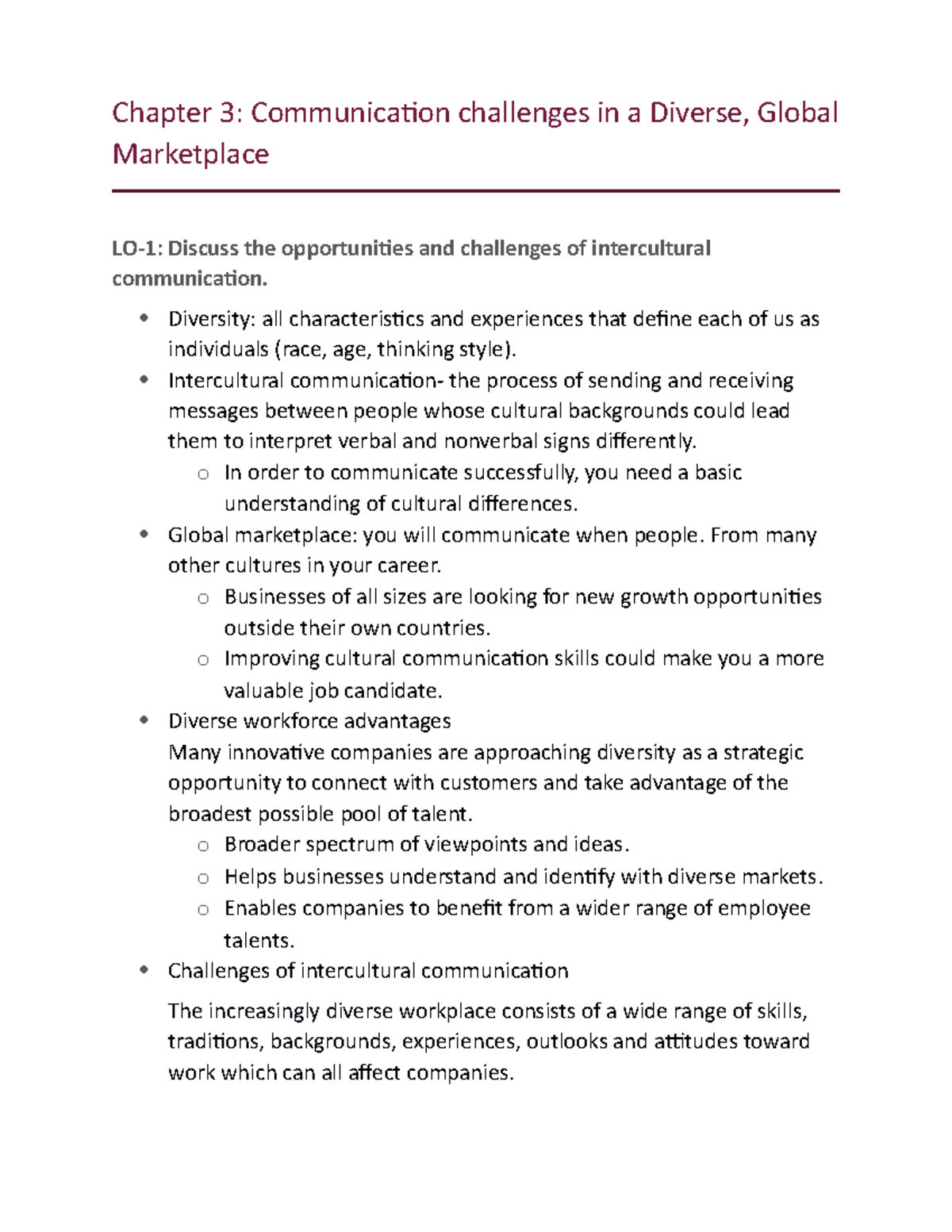 Chapter 3 notes - Chapter 3: Communication challenges in a Diverse ...