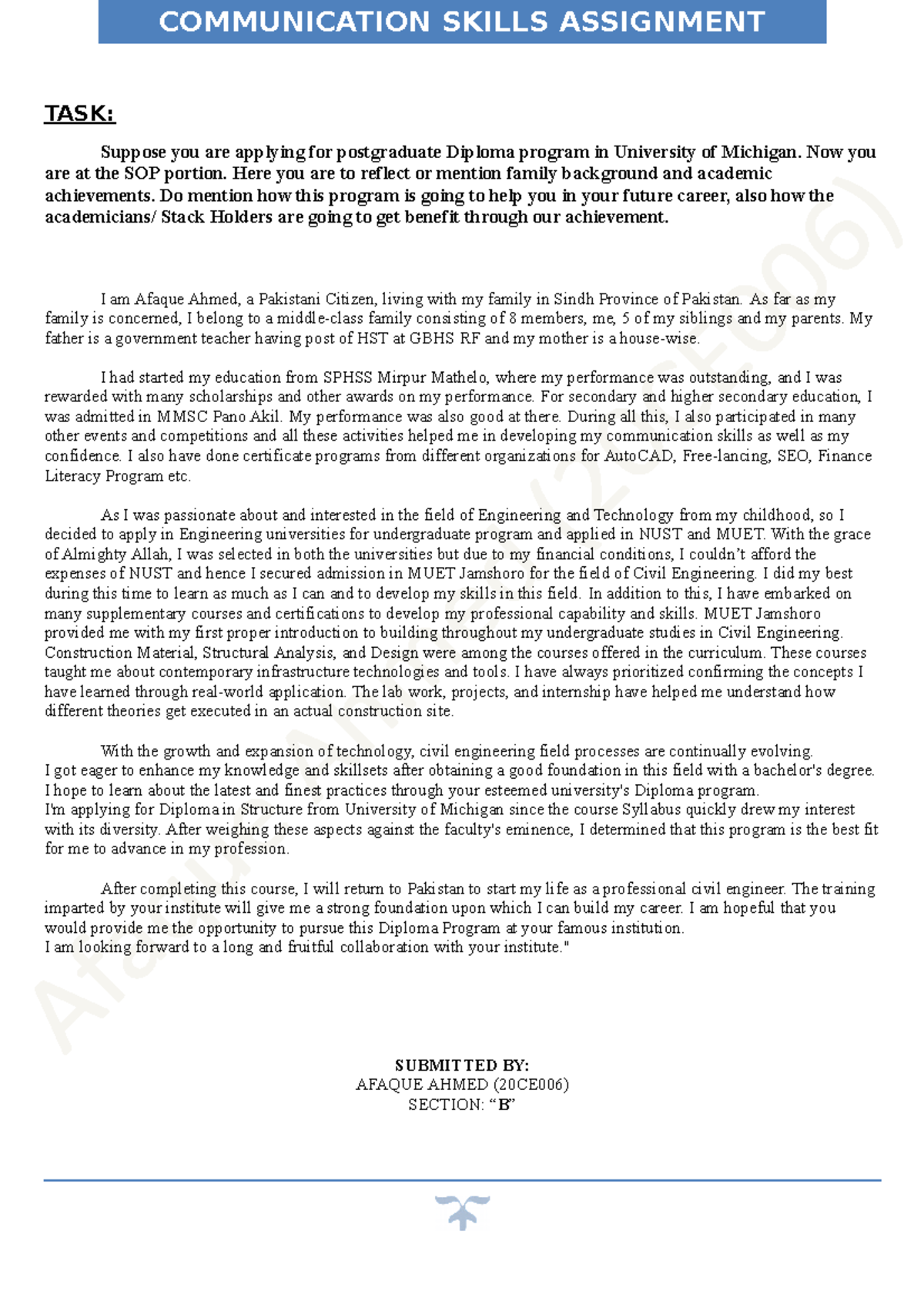 Communication Skills Assignment (SOP witing) - TASK: Suppose you are ...