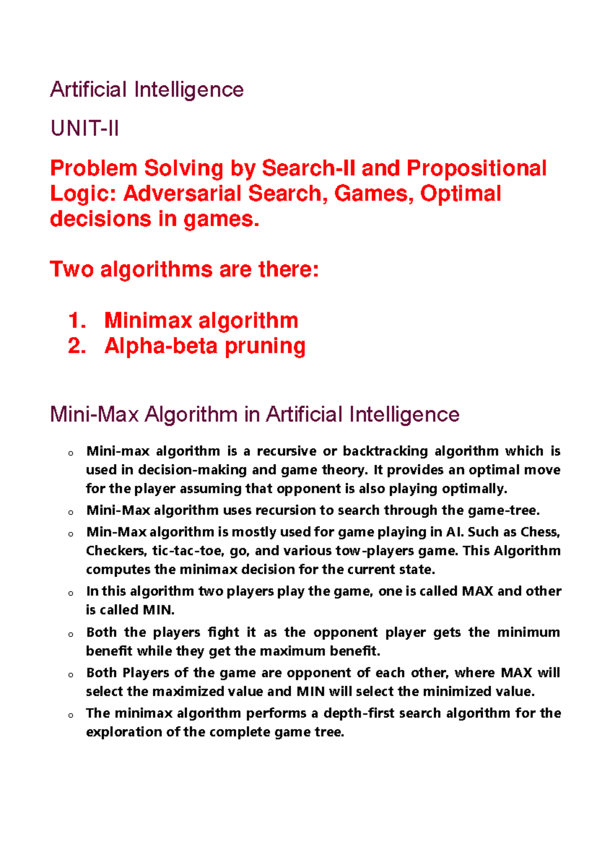 Minimax Alpha Beta Pruning - Artificial Intelligence UNIT-II Problem Solving by Search-II and ...