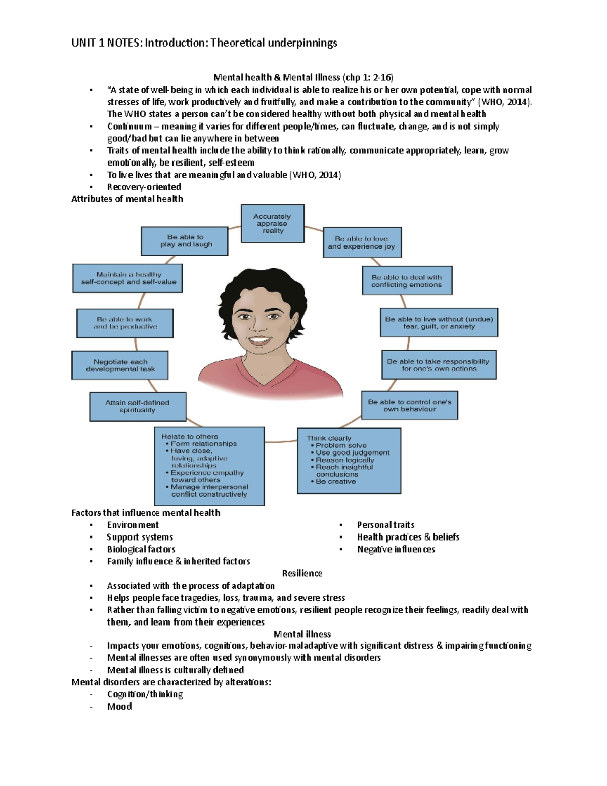 UNIT 1 Notes - mental health unit 1 - Mental health & Mental Illness ...