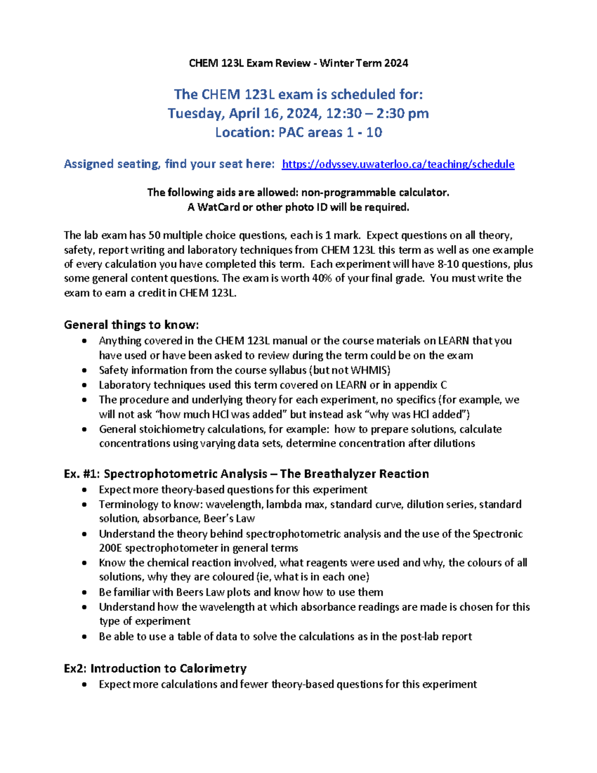 CHEM 123L Exam Review w24 - uwaterloo/teaching/schedule The following ...