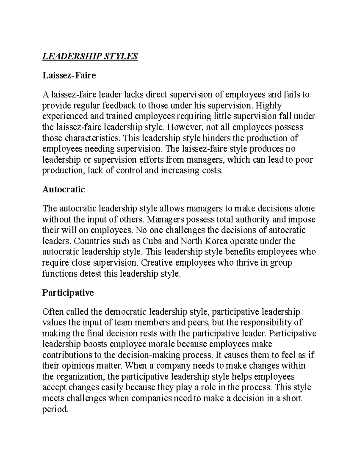 Leadership Styles - Notes - LEADERSHIP STYLES A leader lacks direct ...