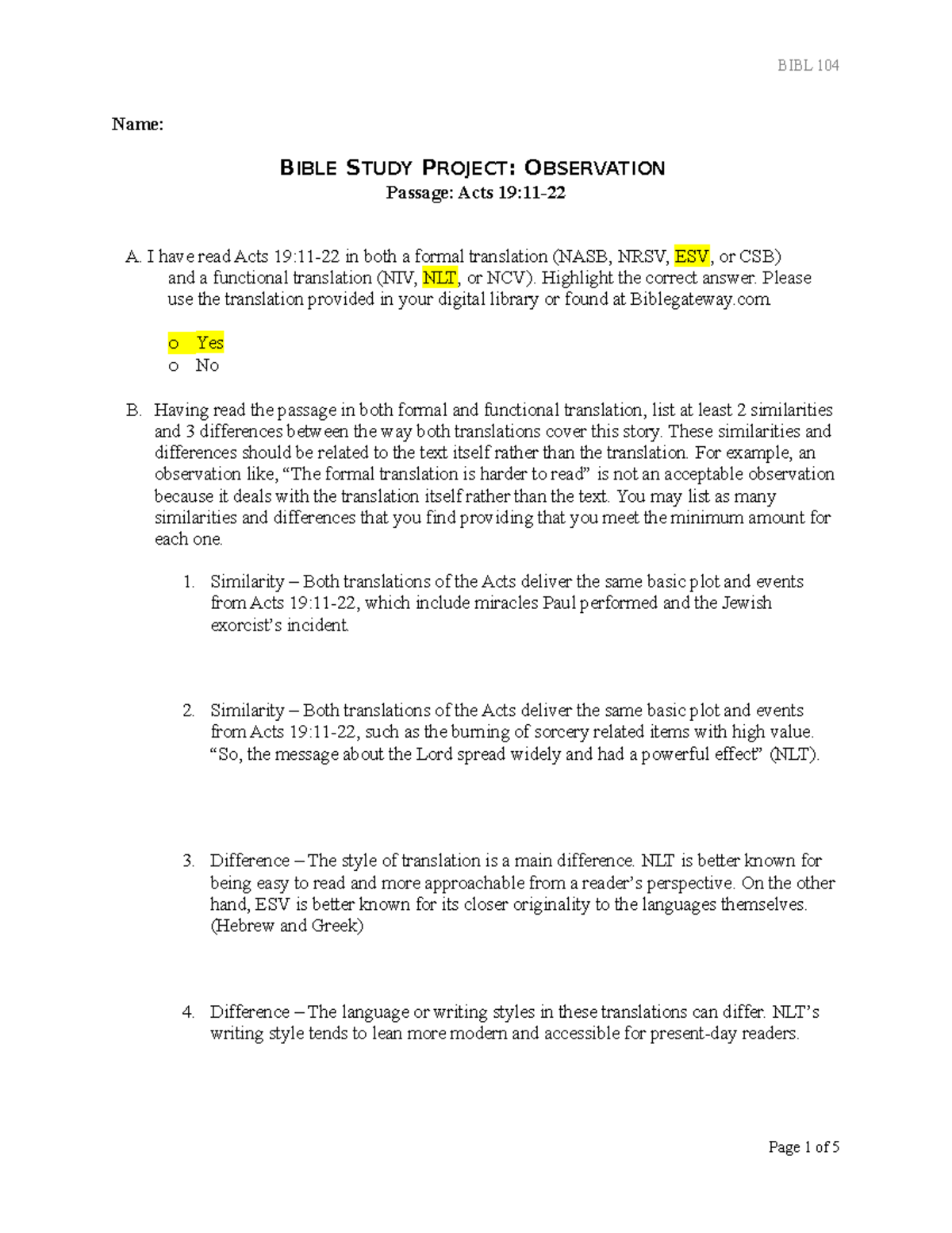 Bible Study Project Observation - Name: BIBLE STUDY PROJECT ...
