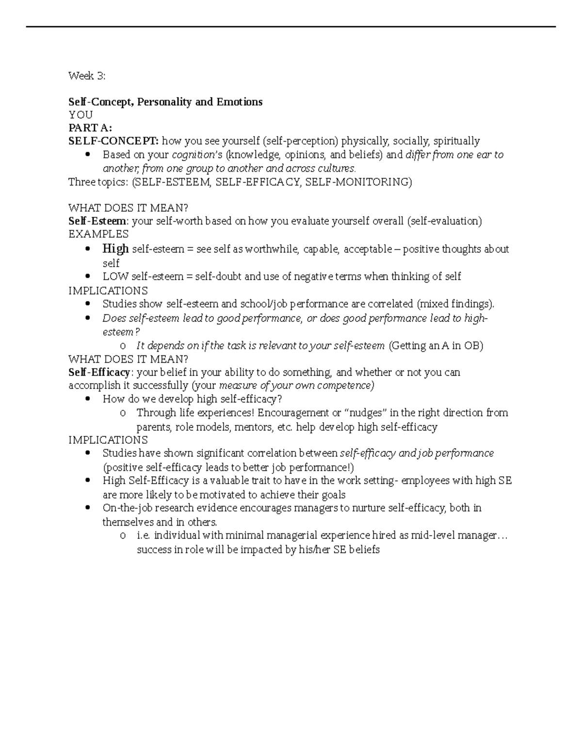Organizational Behavior Week 3 Notes (Psychology) - Week 3: Self ...