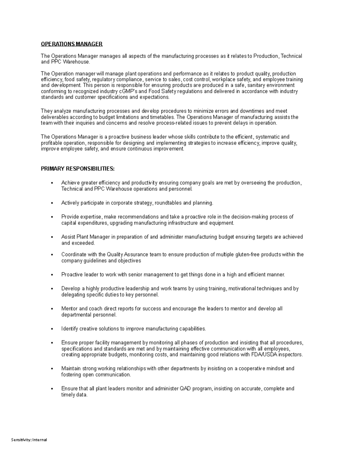 Final Draft Operations Manager JD - OPERATIONS MANAGER The Operations ...