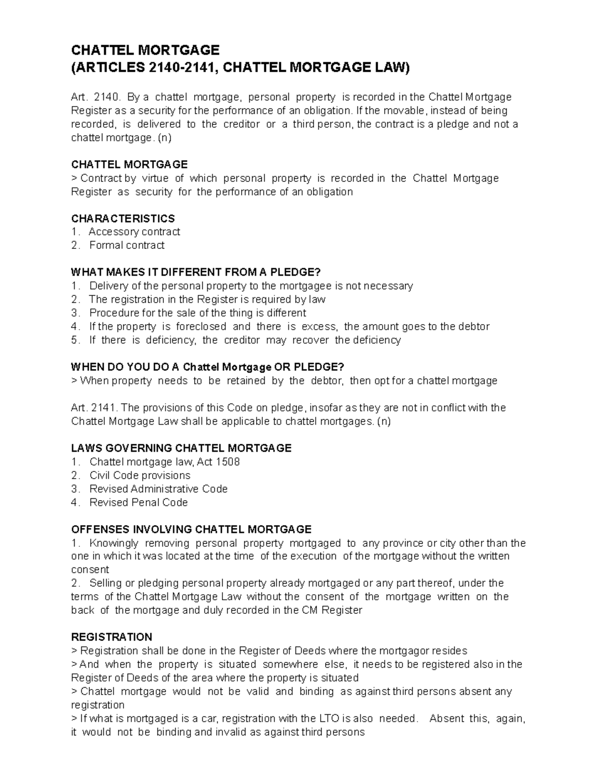 Chattel- Mortgage - n/a - CHATTEL MORTGAGE (ARTICLES 2140-2141, CHATTEL MORTGAGE LAW) Art. 2140 ...