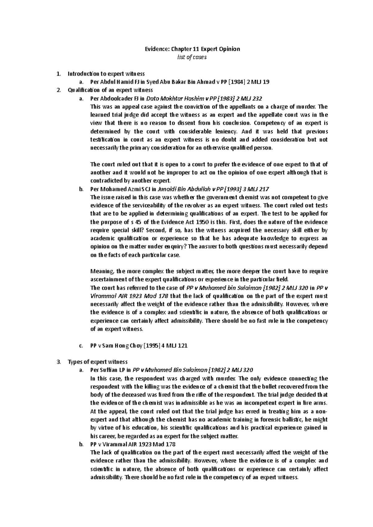 Expert's Opinion list of cases - Evidence: Chapter 11 Expert Opinion ...