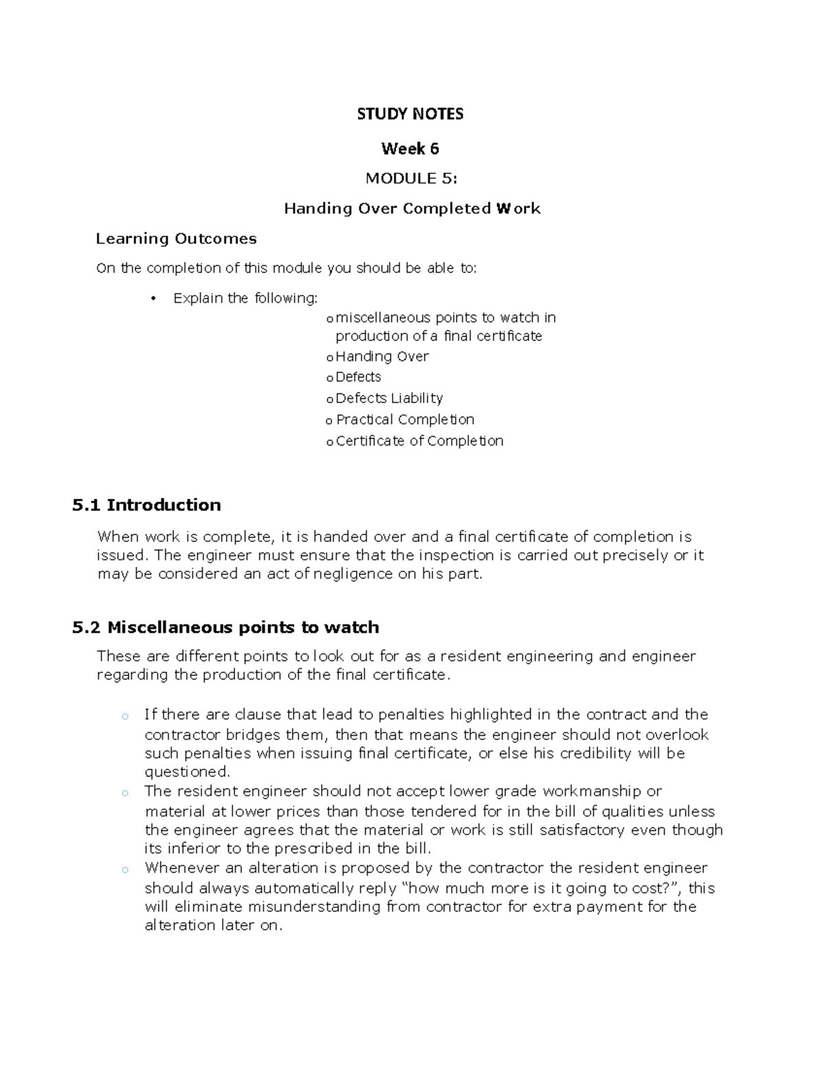 Handing Over Completed Work - STUDY NOTES Week 6 MODULE 5: Handing Over ...