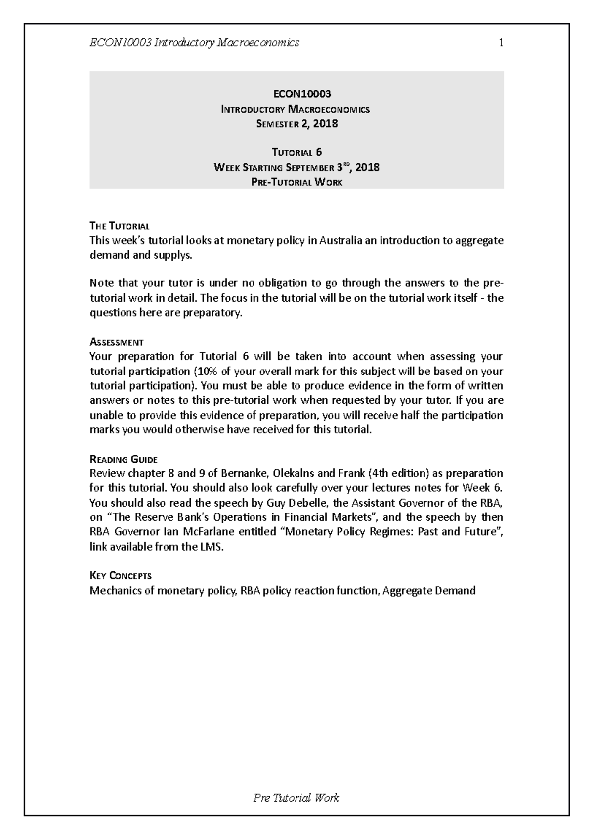 ECON10003 T6 Pretutorial 2018 Completed - ECON10003 Introductory Macroeconomics 1 ECON10003 ...