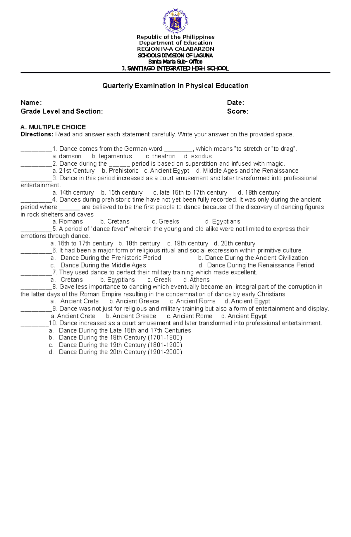 Pe - QUARTERLY EXAMINATION IN PE - Republic of the Philippines ...