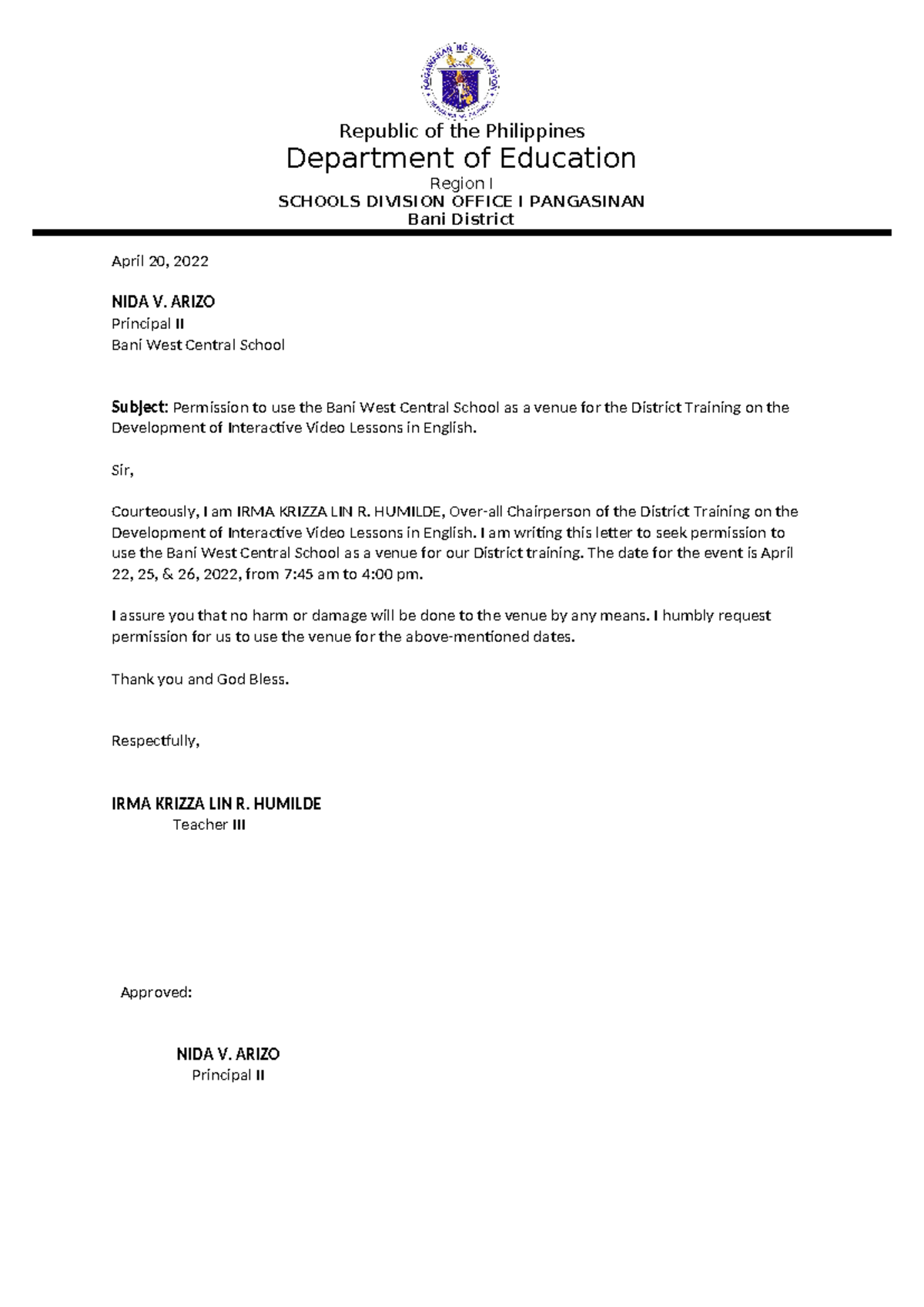 Request Letter for the venue - Republic of the Philippines Department ...