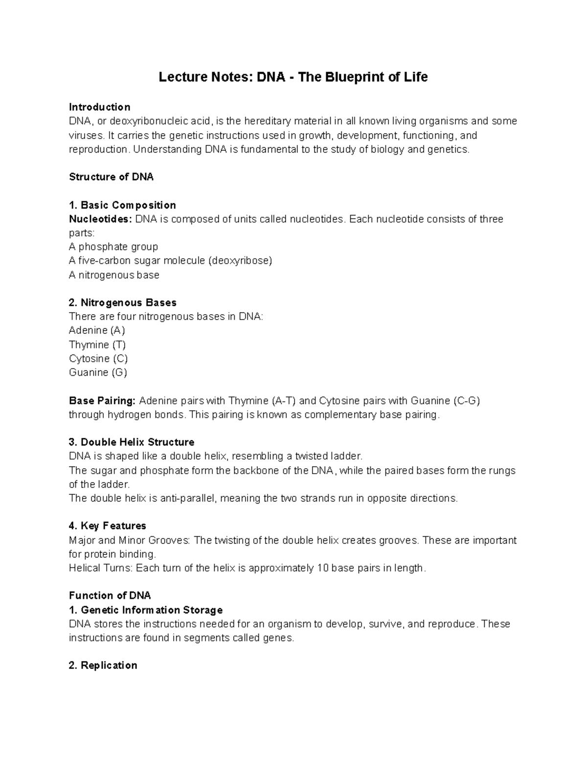 Lecture Notes DNA - The Blueprint of Life - Lecture Notes: DNA - The ...
