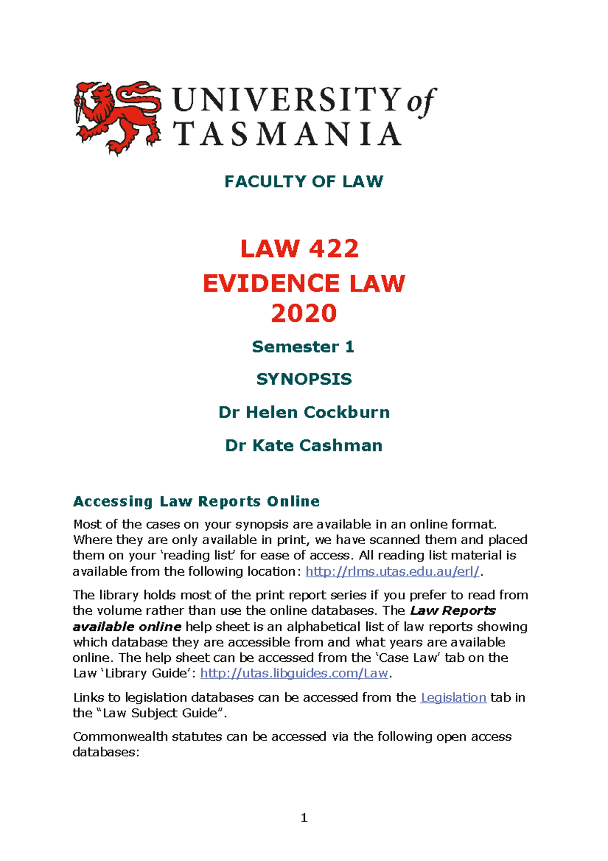 Law422 Synopsis 2020 (seminar notes) - FACULTY OF LAW LAW 422 EVIDENCE ...