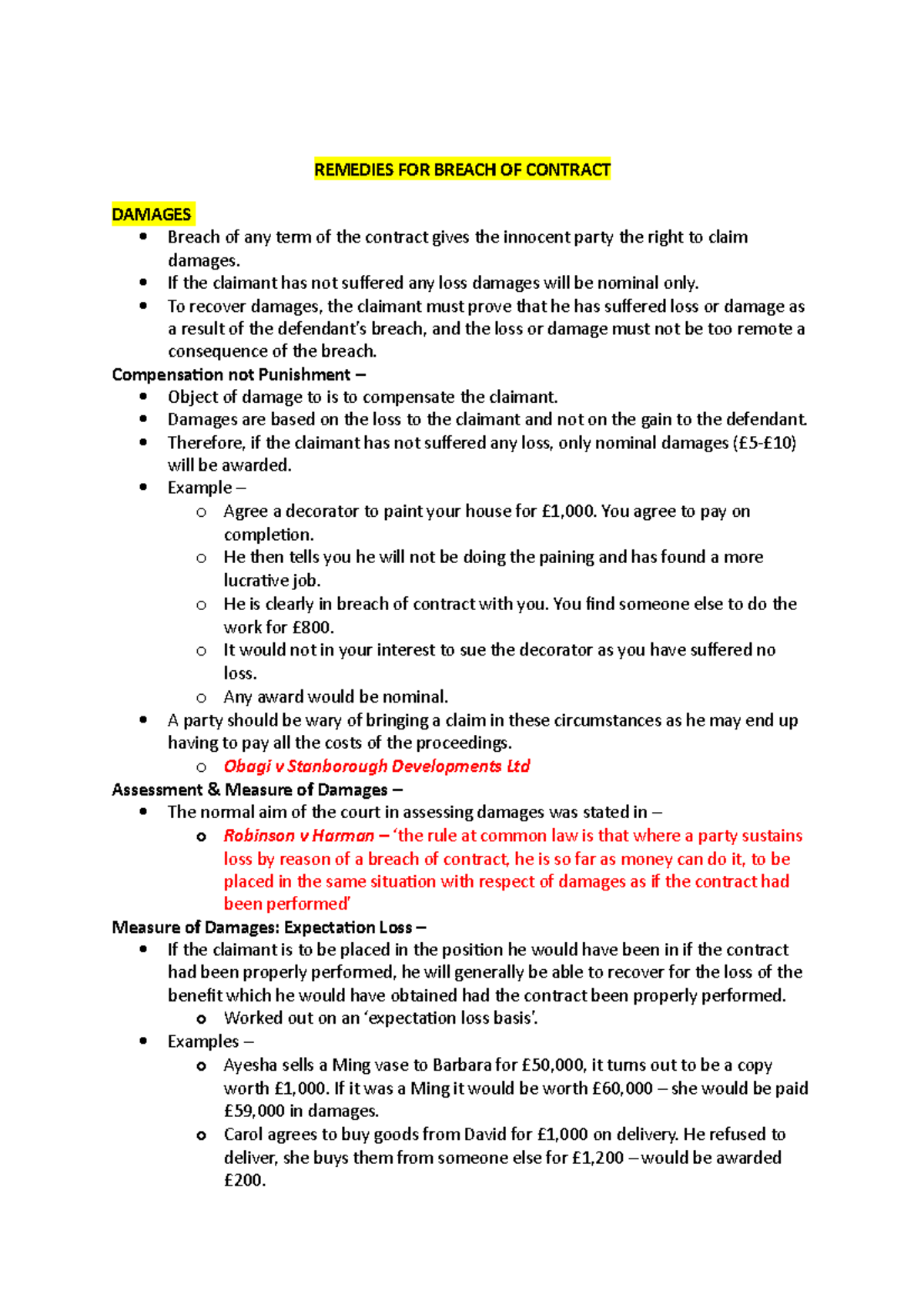 Contract Remedies - REMEDIES FOR BREACH OF CONTRACT DAMAGES Breach of ...