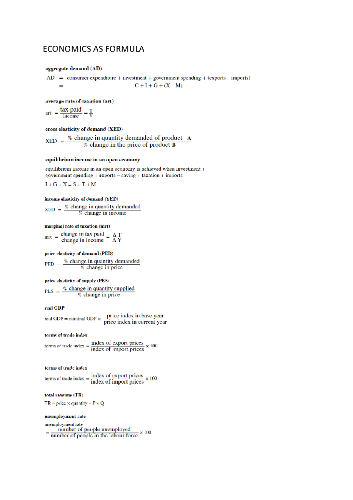 Economics AS Formula - CIE A-Level, Law - ECONOMICS AS FORMULA - Studocu