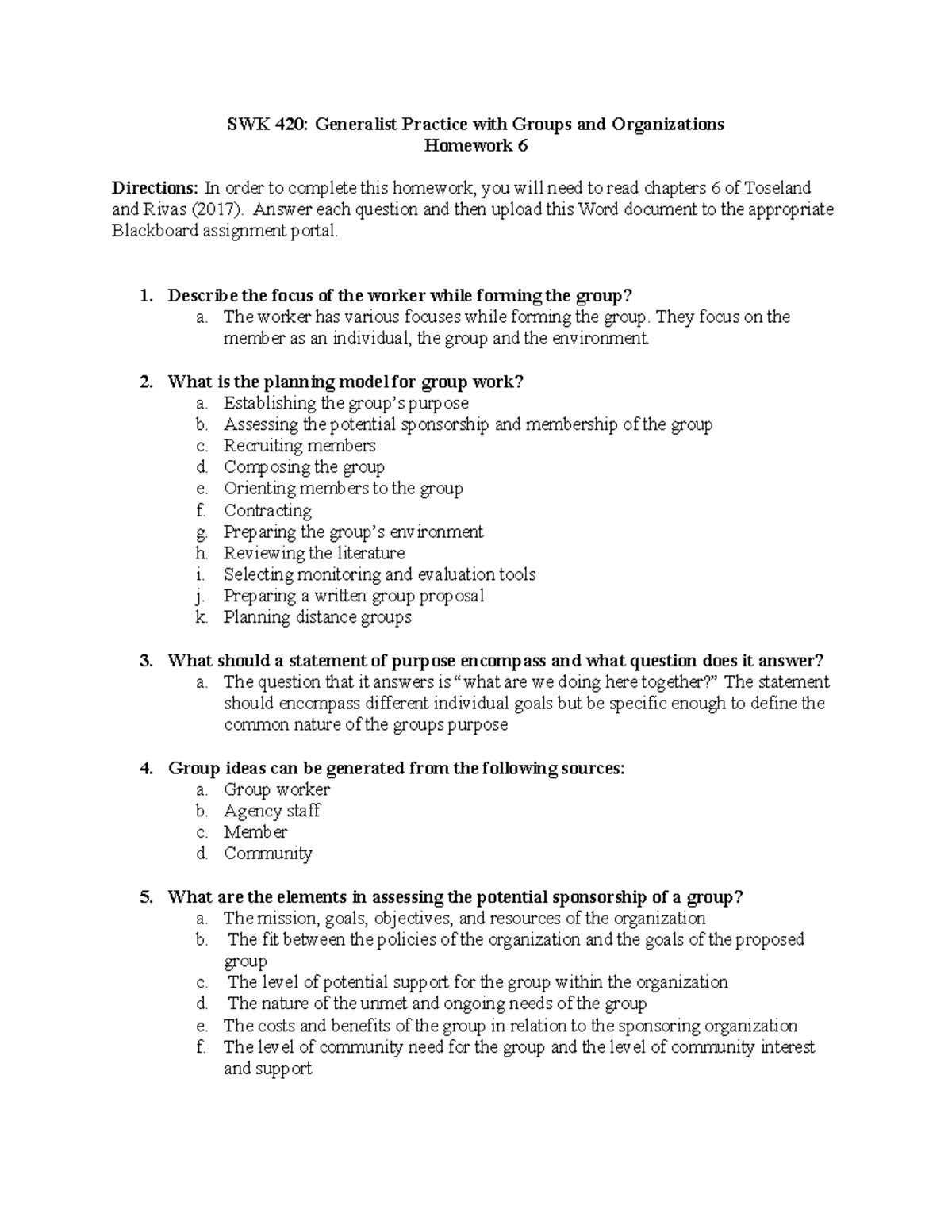 Generalist chapter 6 hmwk - SWK 420: Generalist Practice with Groups and Organizations Homework ...