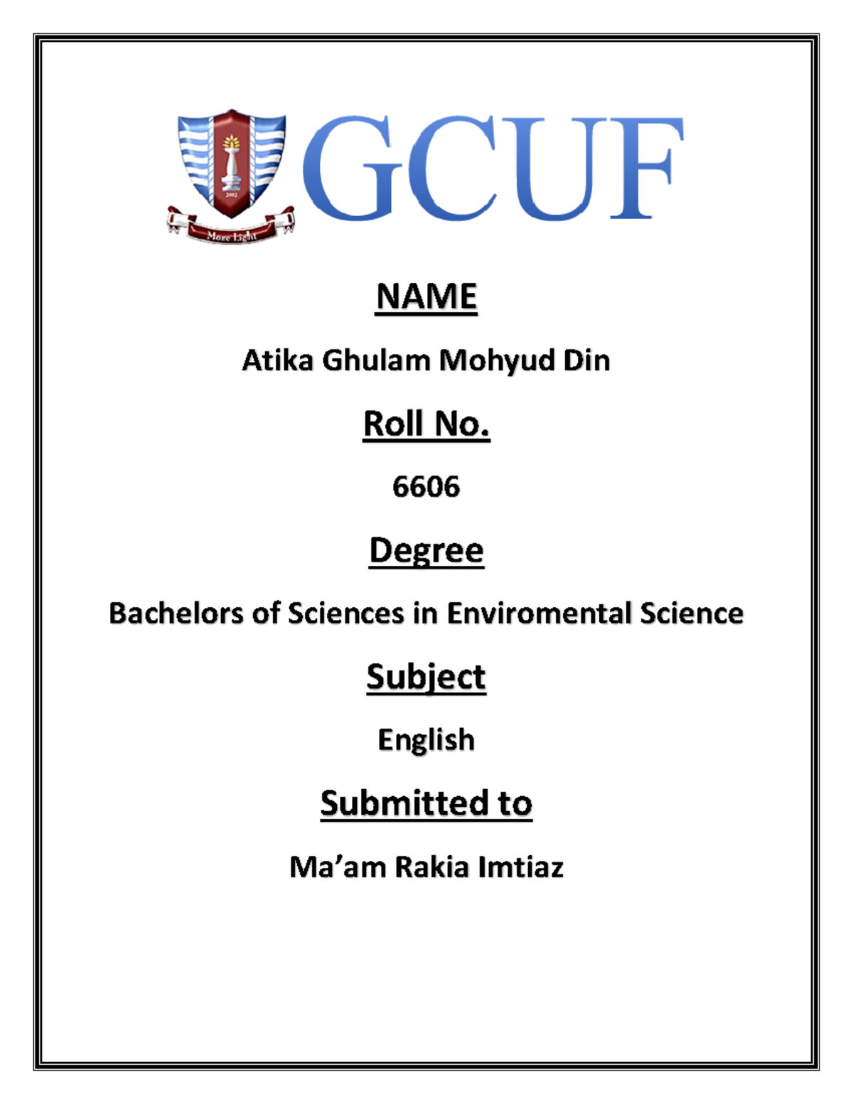 Assignment # 1 PS - Lecture notes 1 - NAME Atika Ghulam Mohyud Din Roll ...