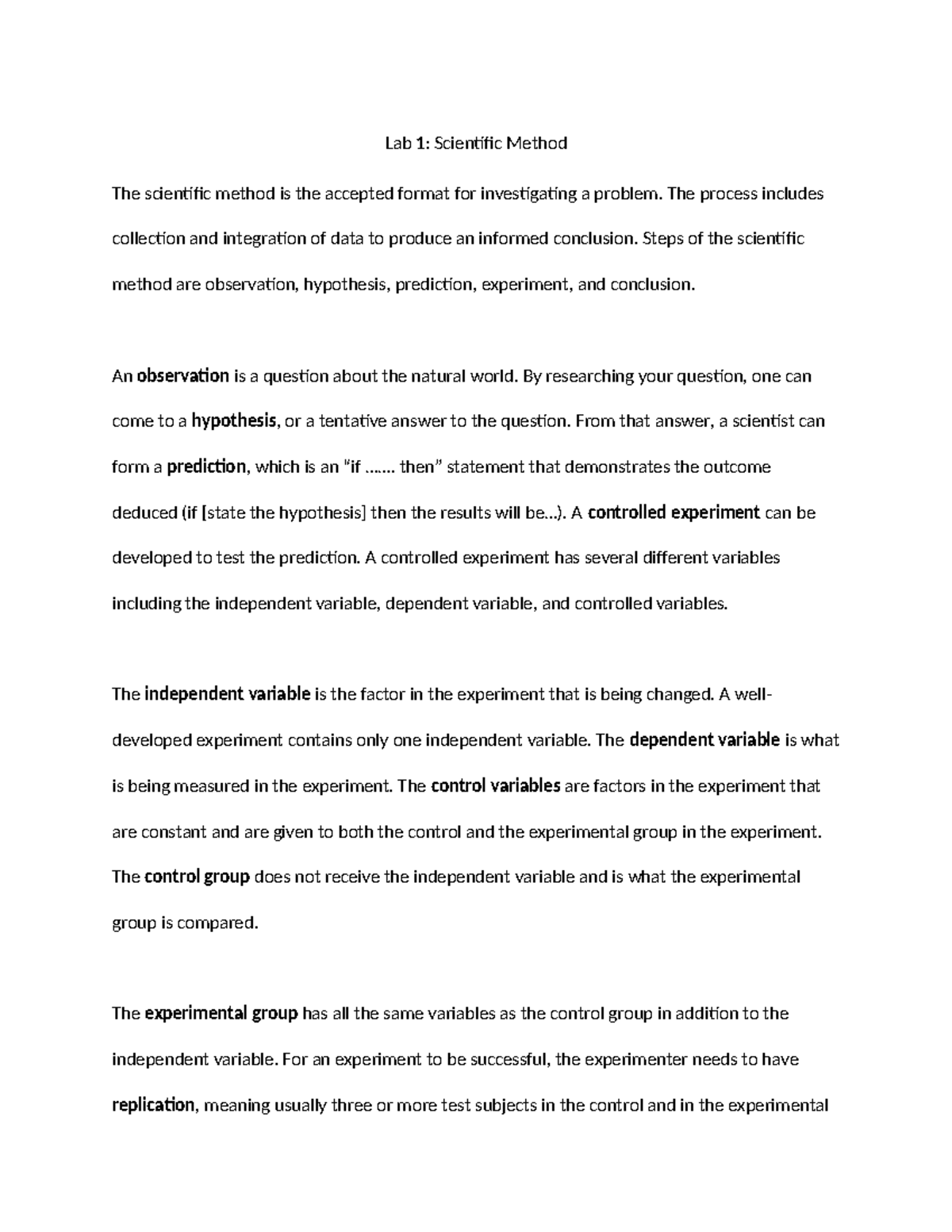 Lab 1 Scientific Method - Lab 1: Scientific Method The scientific ...