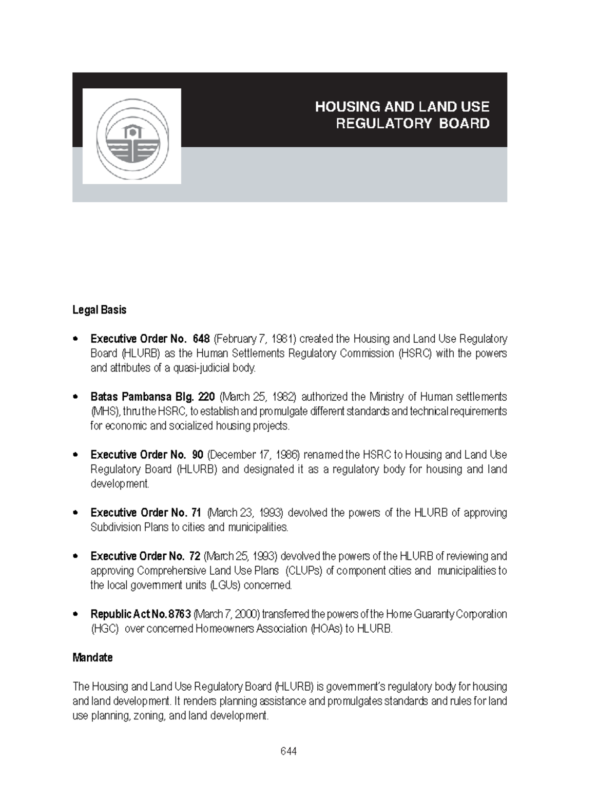 Hlurb - ARCHITECTURAL PRACTICE - Legal Basis • Executive Order No. 648 ...