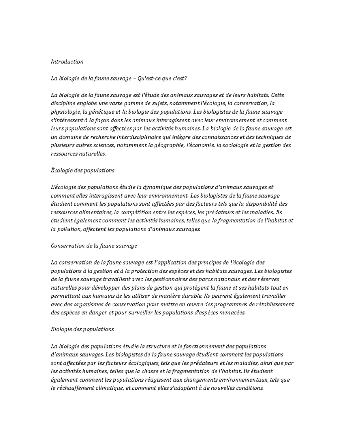 Wildlife Biology note study - Introduction La biologie de la faune ...