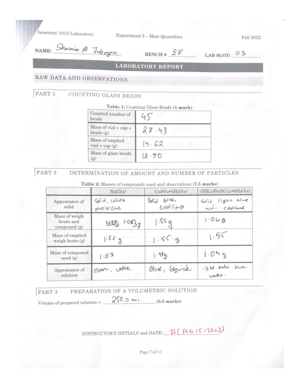 Experiment 3 - Mole Quantities - Chem 1010 - Studocu