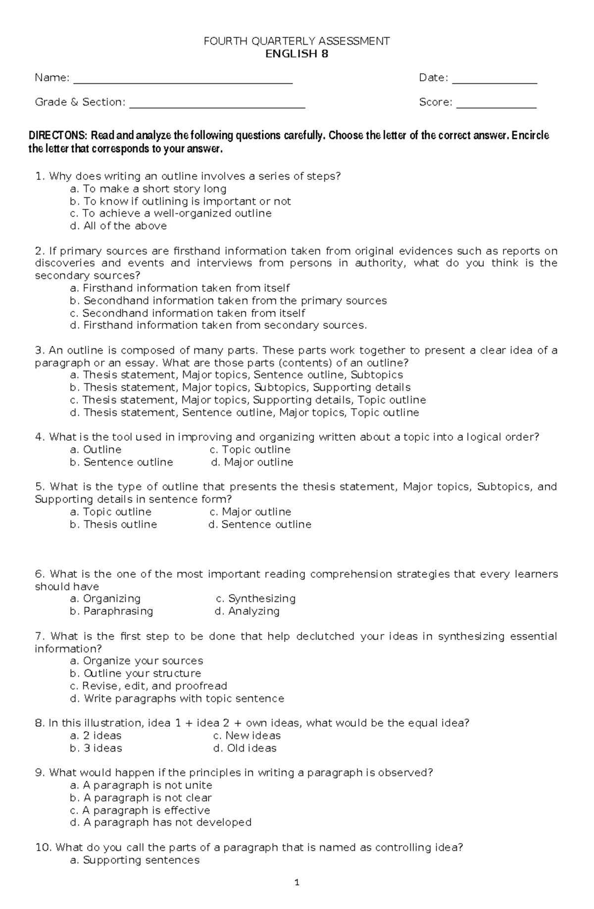 TQ ENG 8 4th Summative - FOURTH QUARTERLY ASSESSMENT ENGLISH 8 Name ...