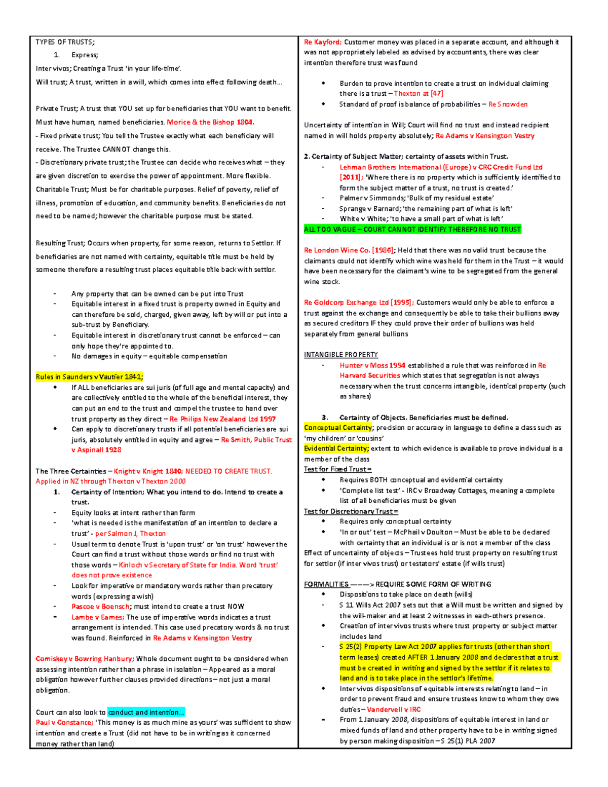 Trusts EXAM Notes - TYPES OF TRUSTS; Express; Inter vivos; Creating a ...
