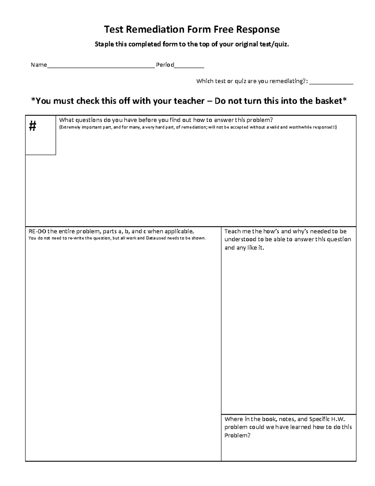 Fr remediation form 1 - Test Remediation Form Free Response Staple this ...