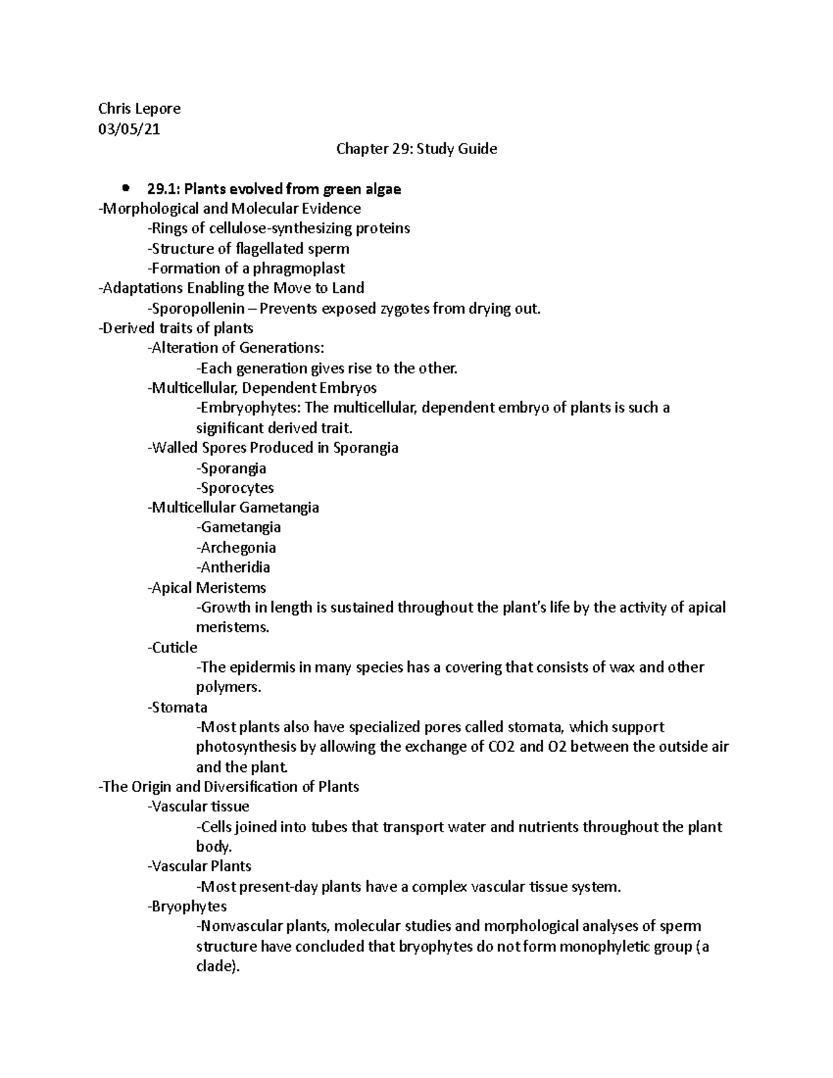 Chapter 29Studyguide - Bio 2 CH 29 study guide - Chris Lepore 03/05 ...